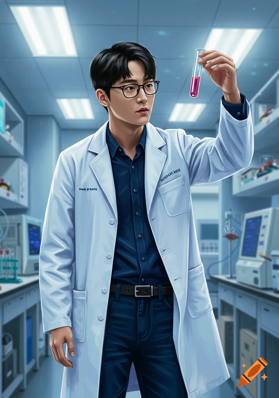 Realistic illustration of a young male scientist holding a test tube in ...