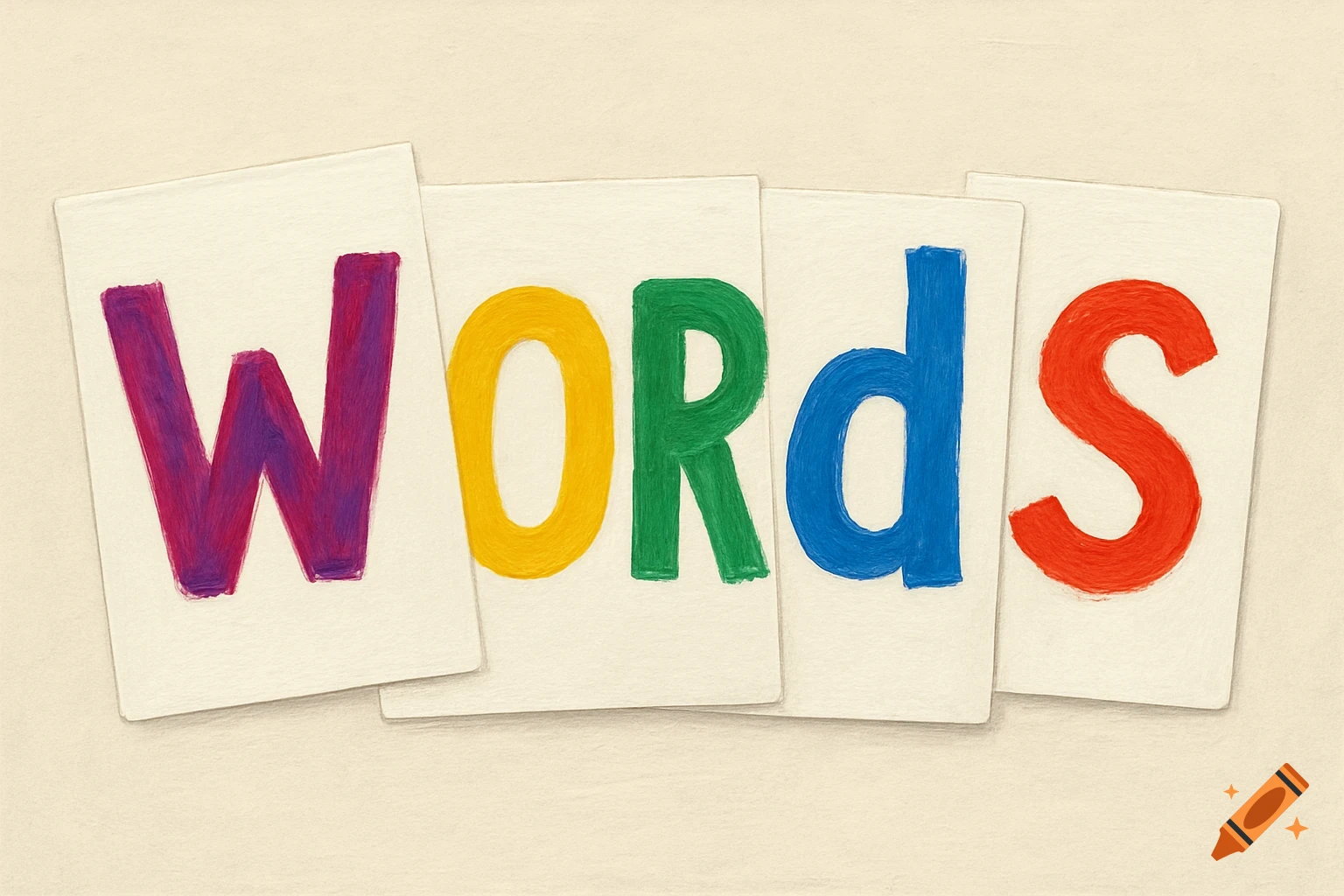 Four cards spell 'WORDS' with large, colored letters in a drawing style ...