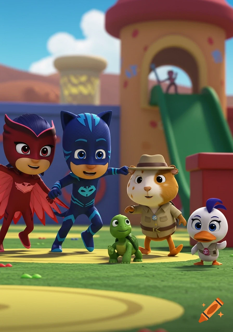 Characters from PJ Masks and Wonder Pets stand together on grass in ...