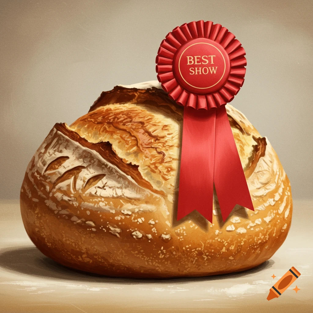 A loaf of bread with a red ribbon reading 'BEST SHOW' on top on Craiyon