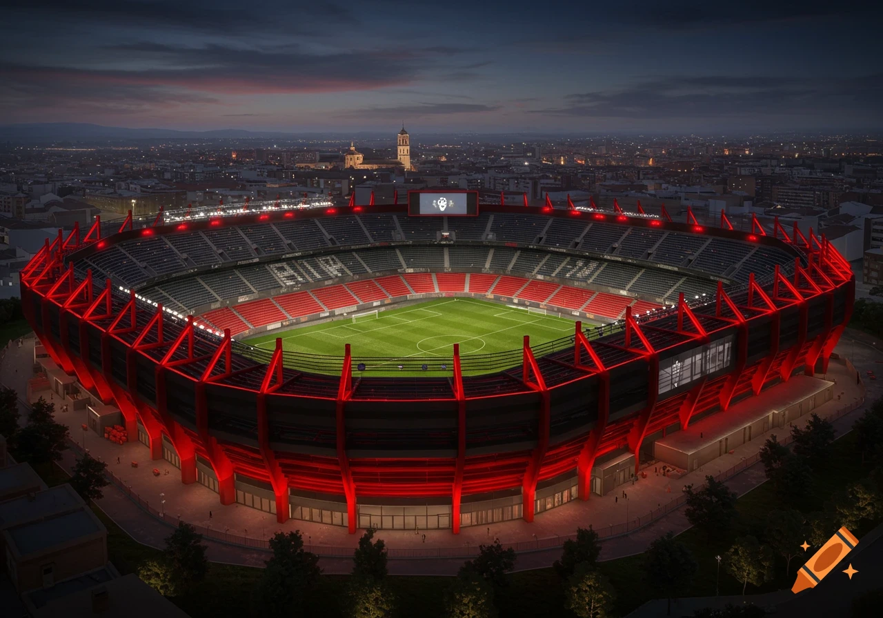Photorealistic night view of a large stadium with red glowing accents ...