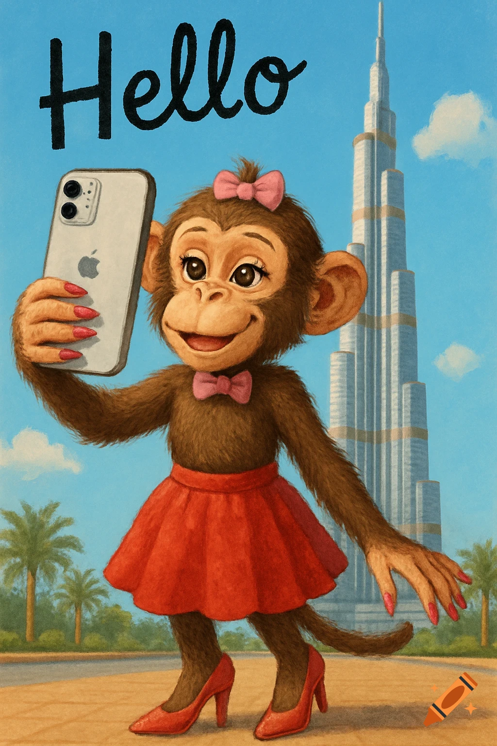 A monkey in a skirt, heels, and bow takes a selfie with a phone in ...
