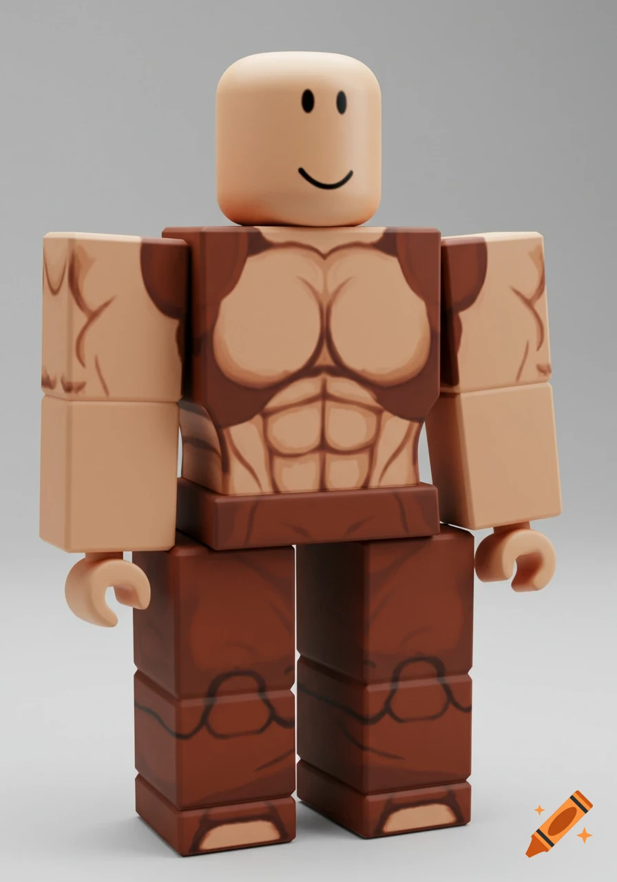 Stylized blocky character figure resembling a Roblox avatar with painted muscles on the torso ...