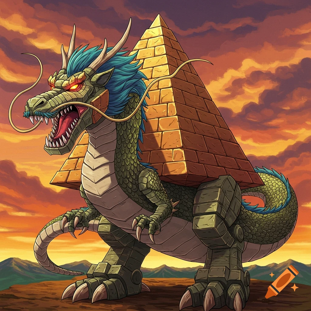 Stylized creature with a pyramid on its back, resembling a dragon and ...
