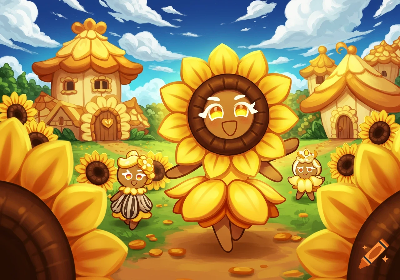 Cartoon characters in sunflower outfits stand in a sunny field with ...