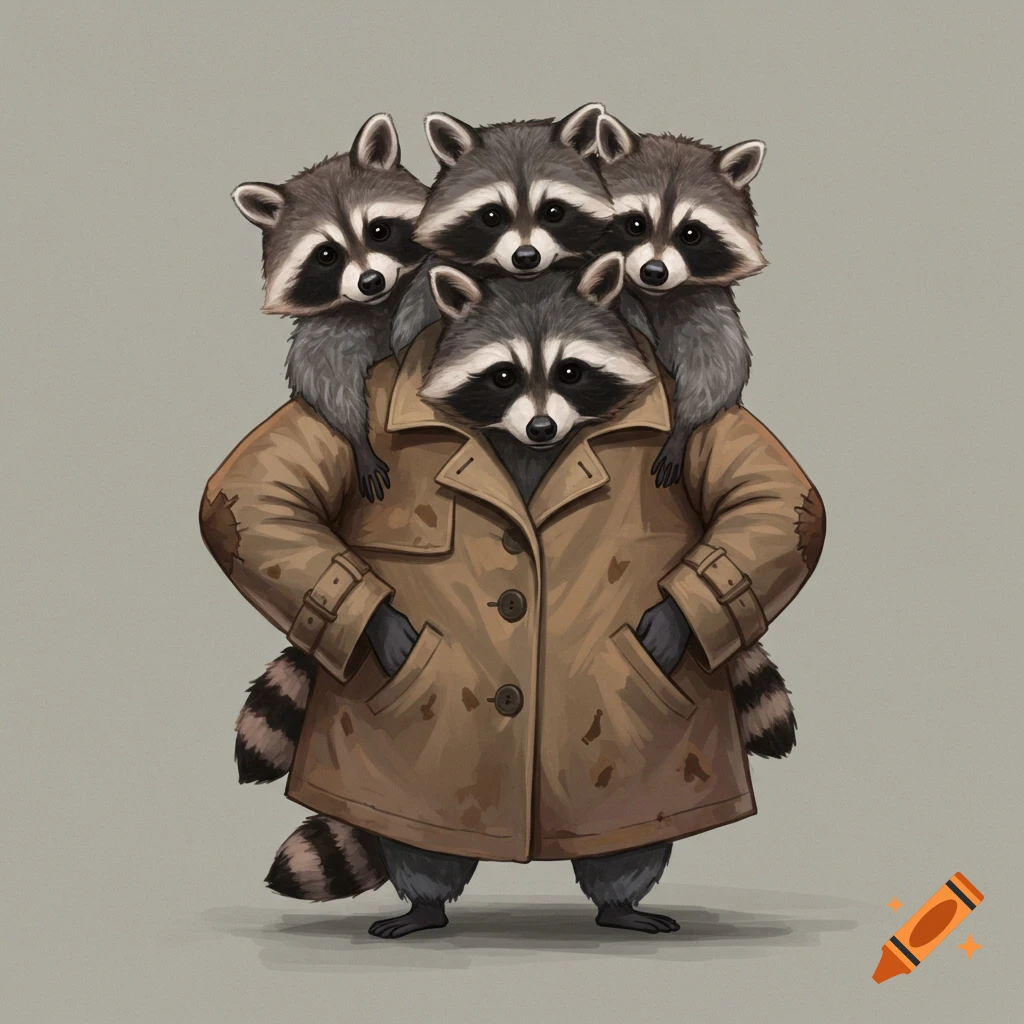 Illustration of four raccoons stacked together with the bottom one ...