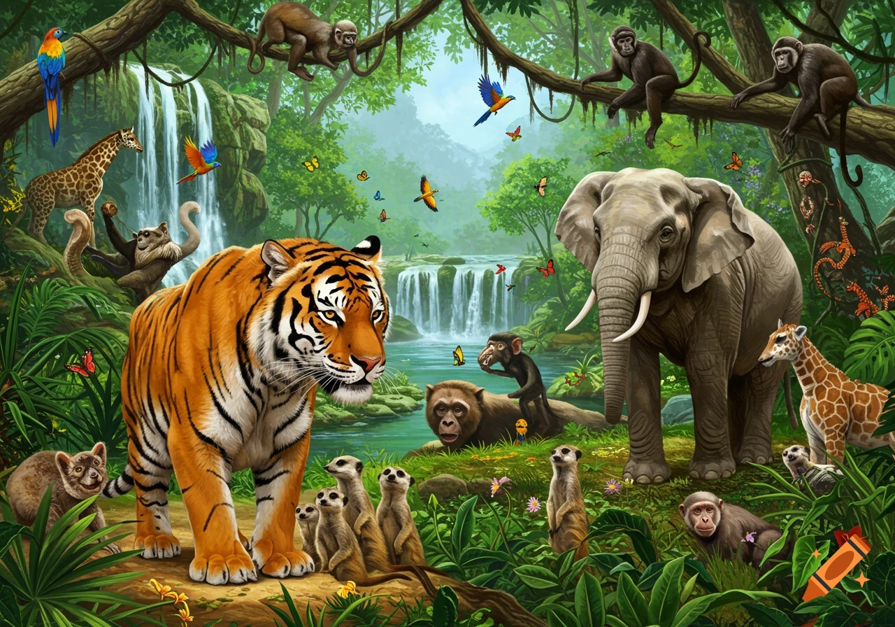 Detailed illustration of diverse animals including a tiger, elephant ...