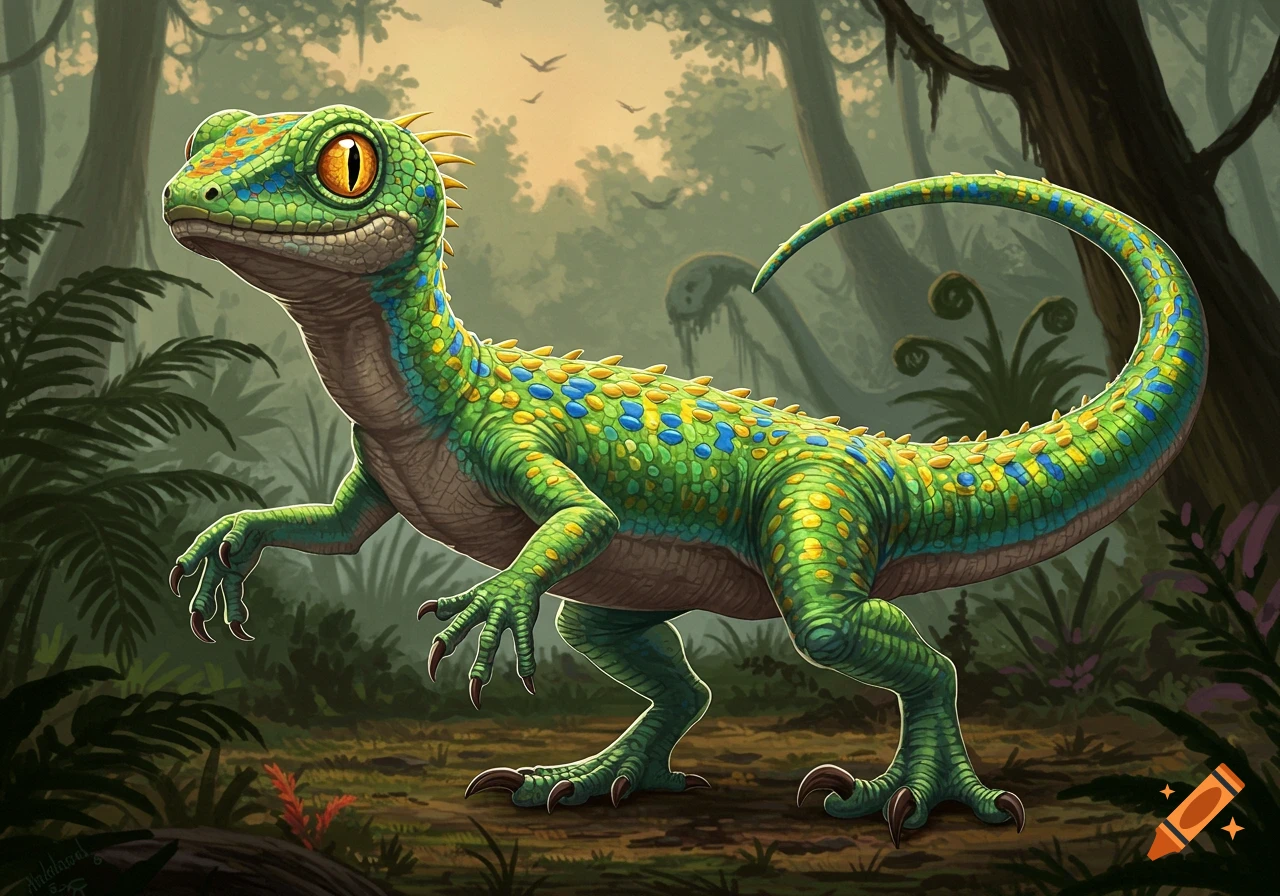 A colorful, large-eyed gecko-like dinosaur stands in a vibrant jungle ...