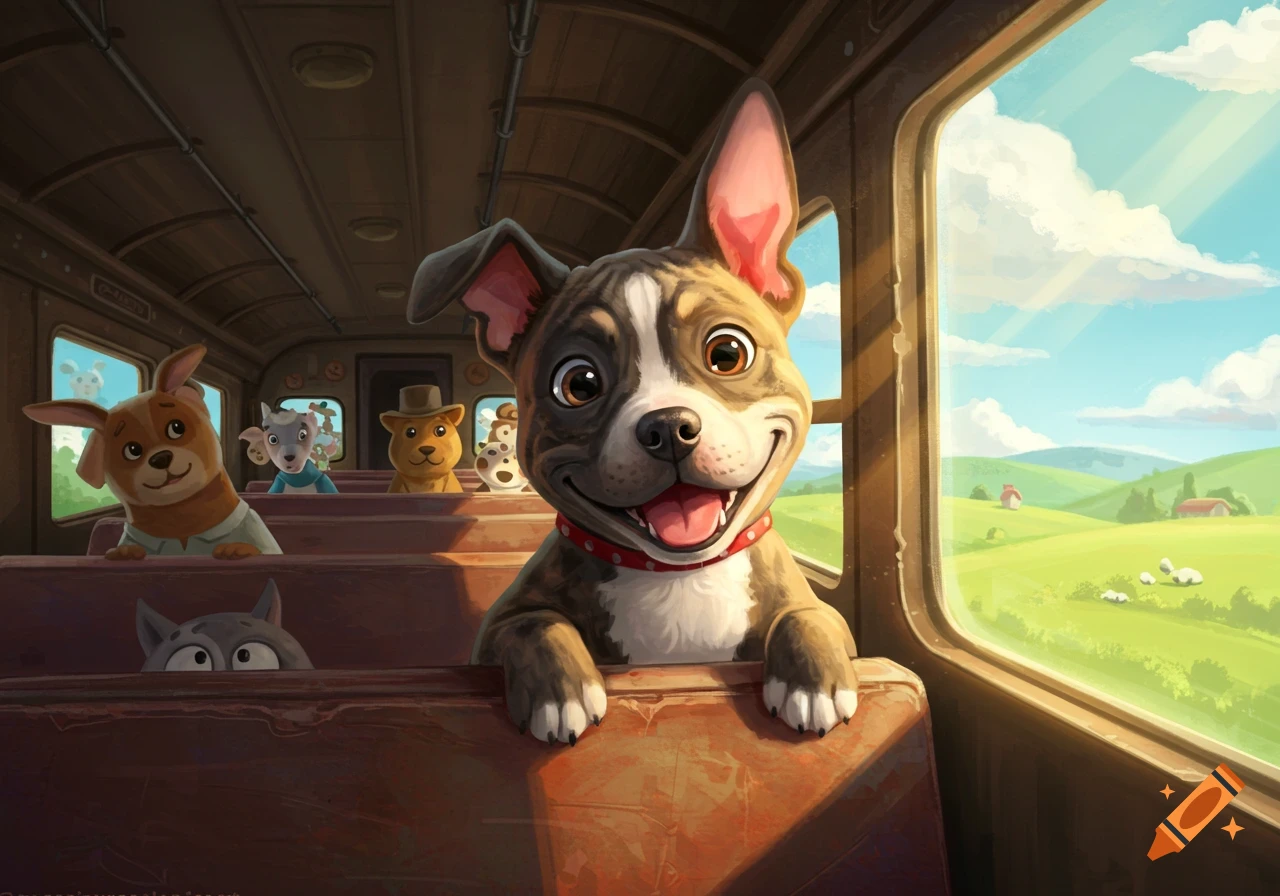 A cute cartoon pitbull and other dogs riding a train through a ...