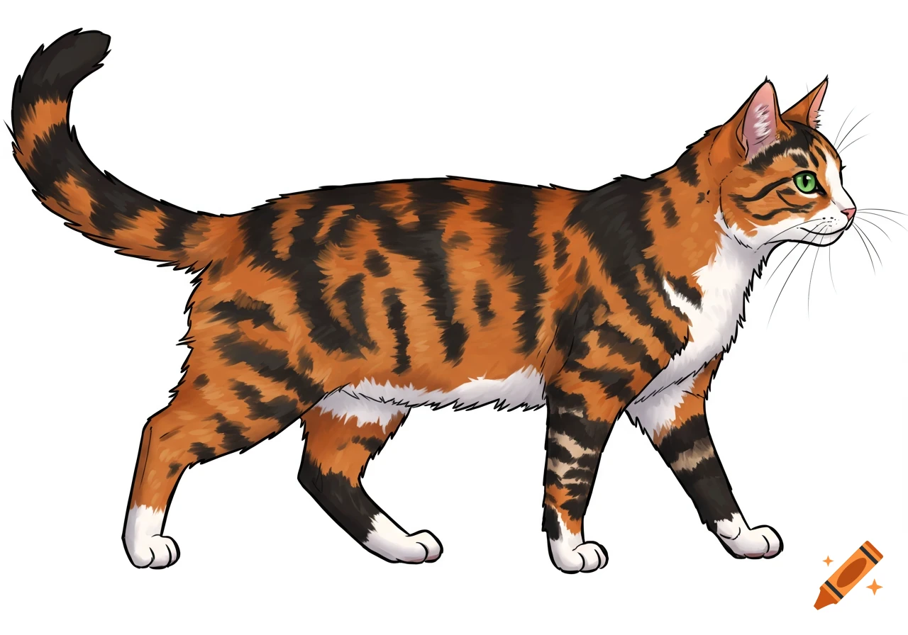 Drawing of a calico cat walking with orange, black, and white markings ...