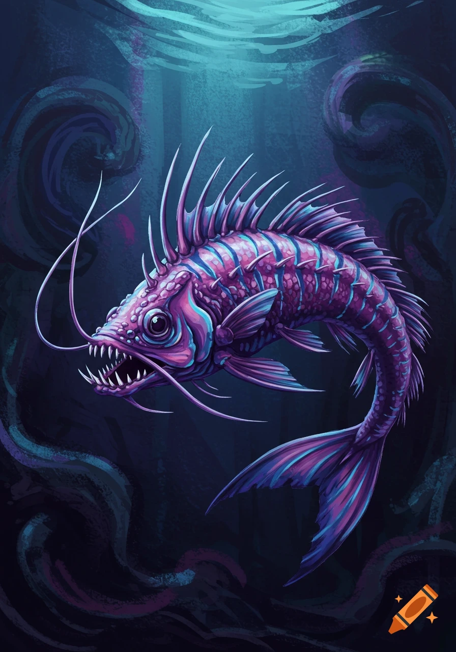 A purple and blue spiked fish with whiskers and sharp teeth swims in a ...