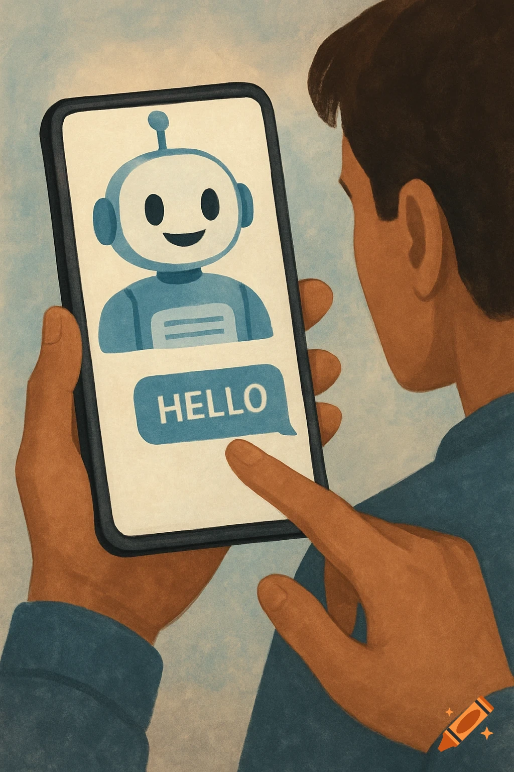A person taps a smartphone screen displaying a chatbot avatar in a ...