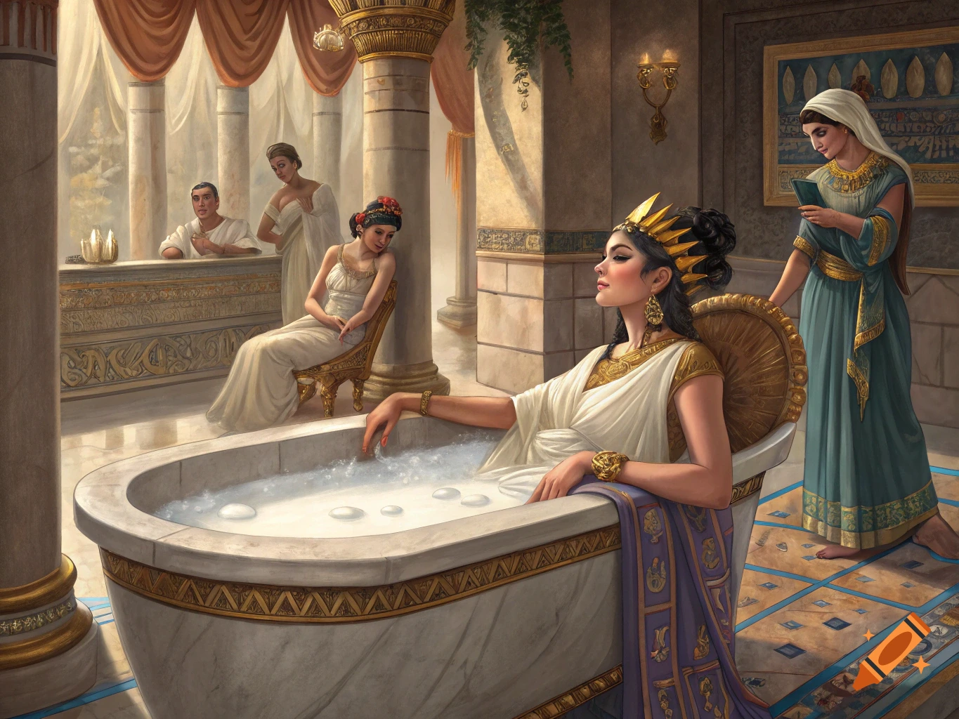 Painting of Cleopatra bathing in a milk bath surrounded by servants in ...