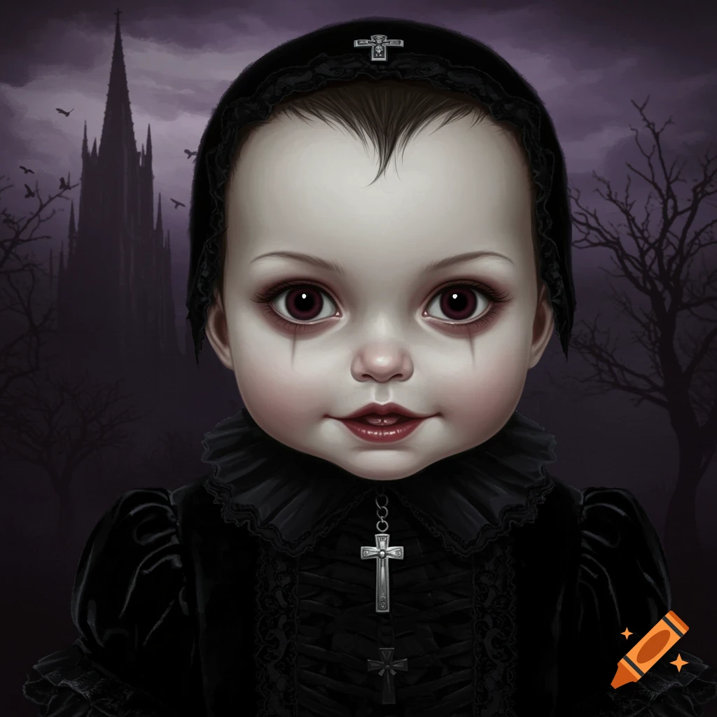 Gothic baby with dark eyes and lips, wearing black, against a spooky ...