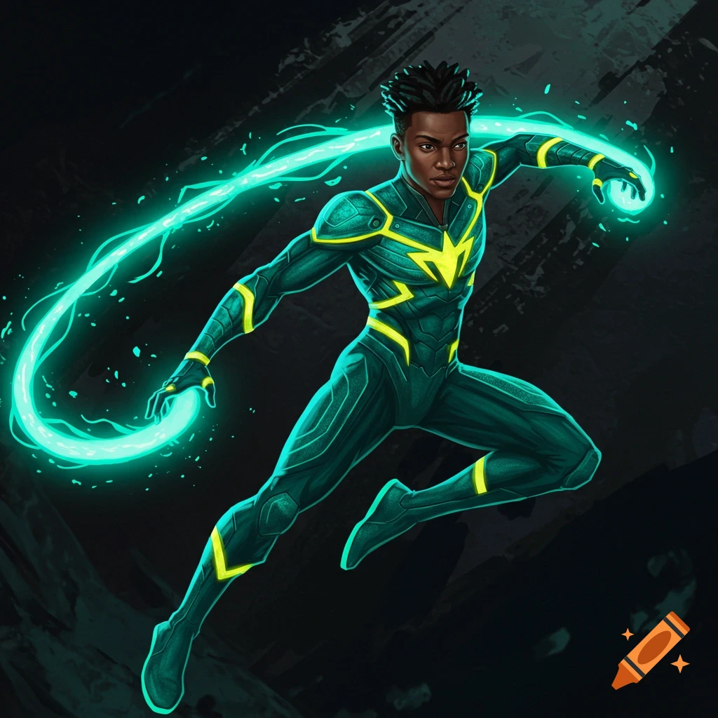 A young Black man in a teal and yellow superhero suit jumps, surrounded ...