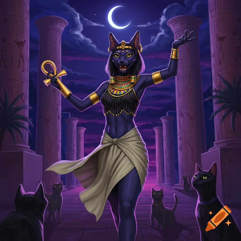 An Egyptian cat goddess holding an ankh stands among temple pillars ...