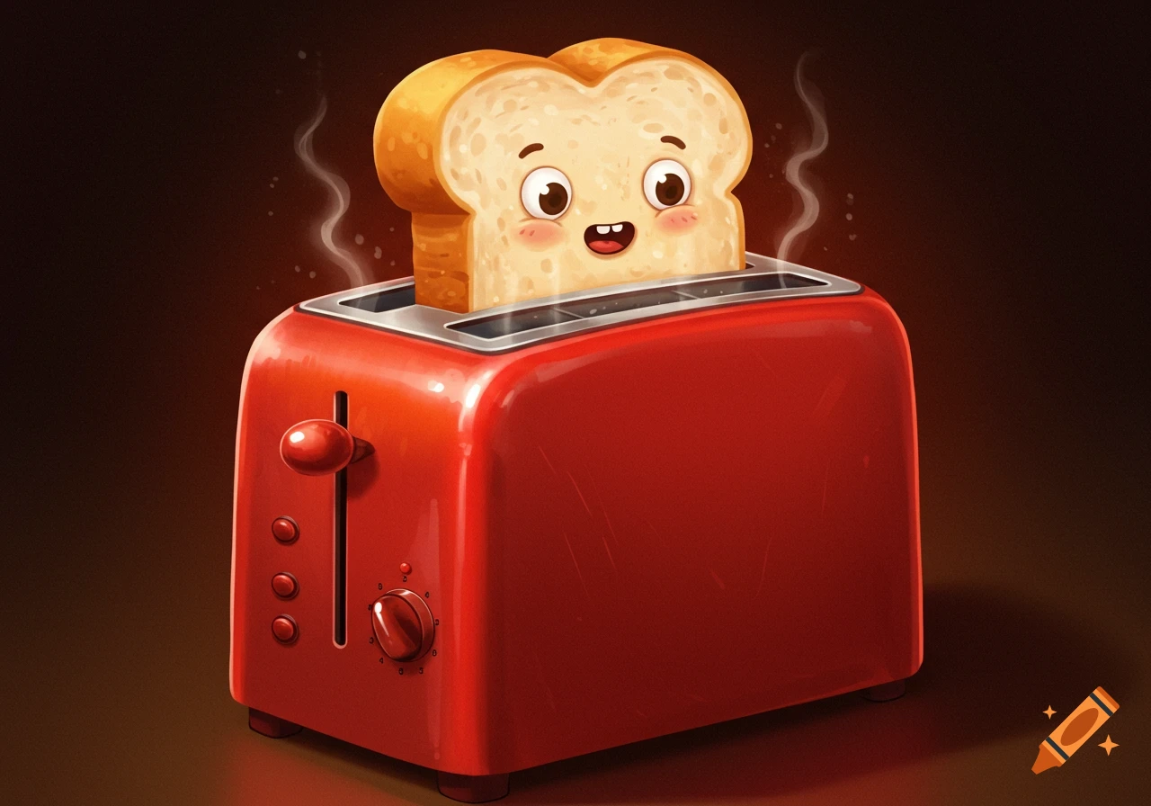 Cartoon slice of smiling toast popping out of a red toaster. on Craiyon