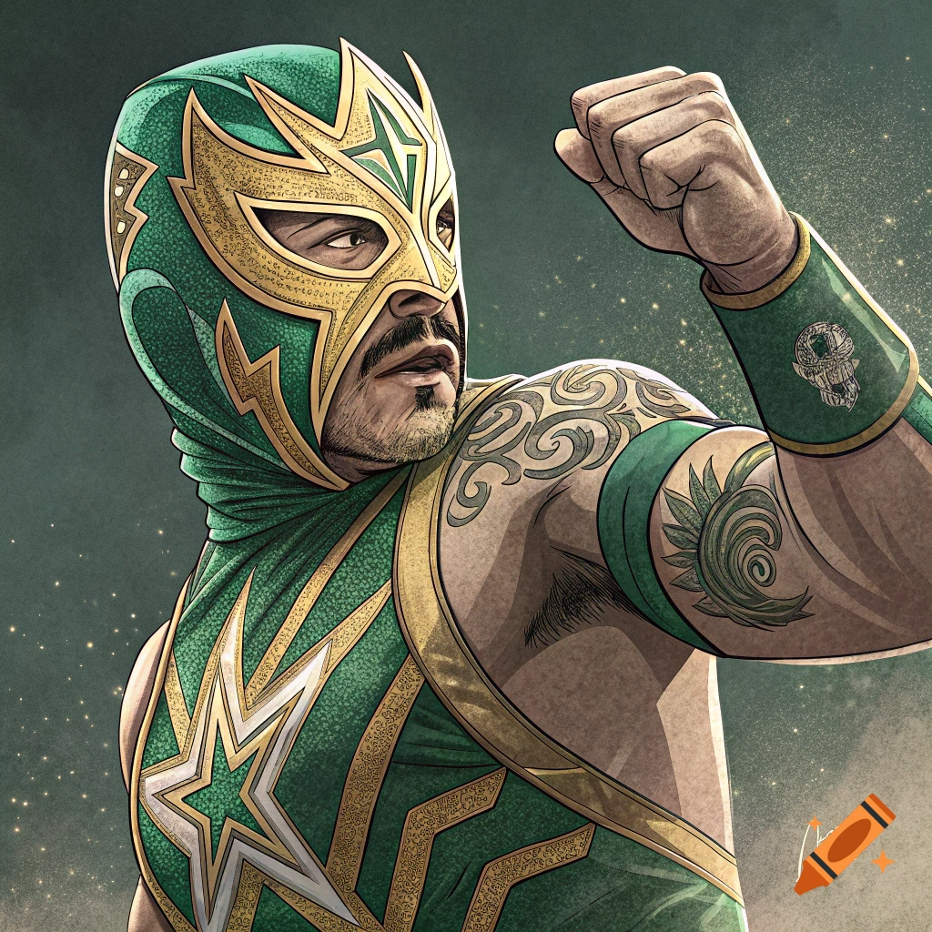 Illustration of a masked wrestler in green and gold flexing his arm. on ...