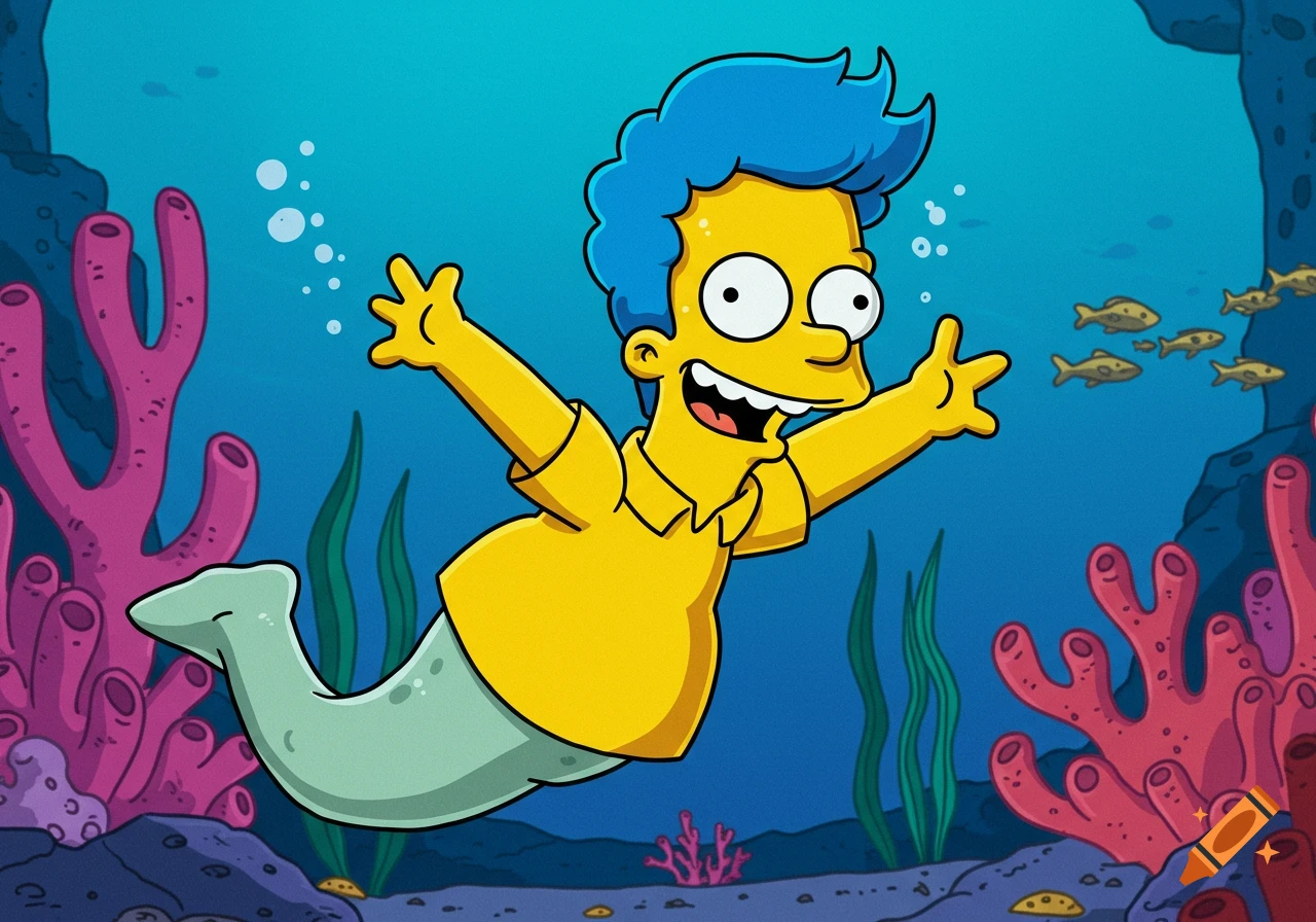 Cartoon depiction of Milhouse from The Simpsons as a merman swimming ...