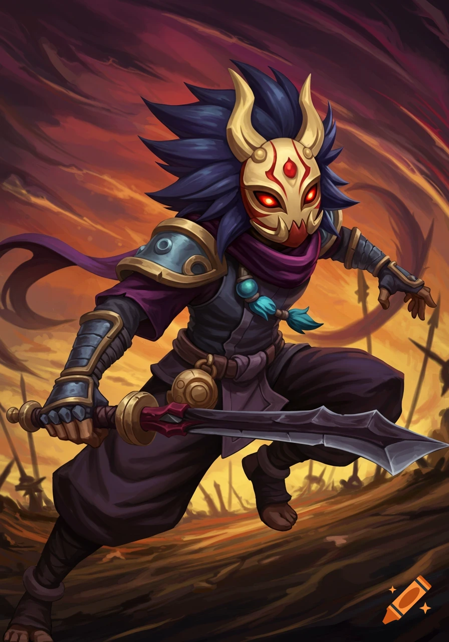 A masked warrior holding a sword in a desolate fantasy landscape. on ...