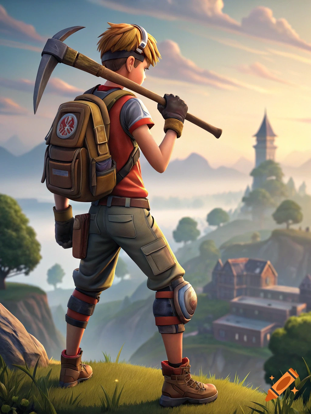 Stylized boy with pickaxe looks over a valley at sunset, like a video ...