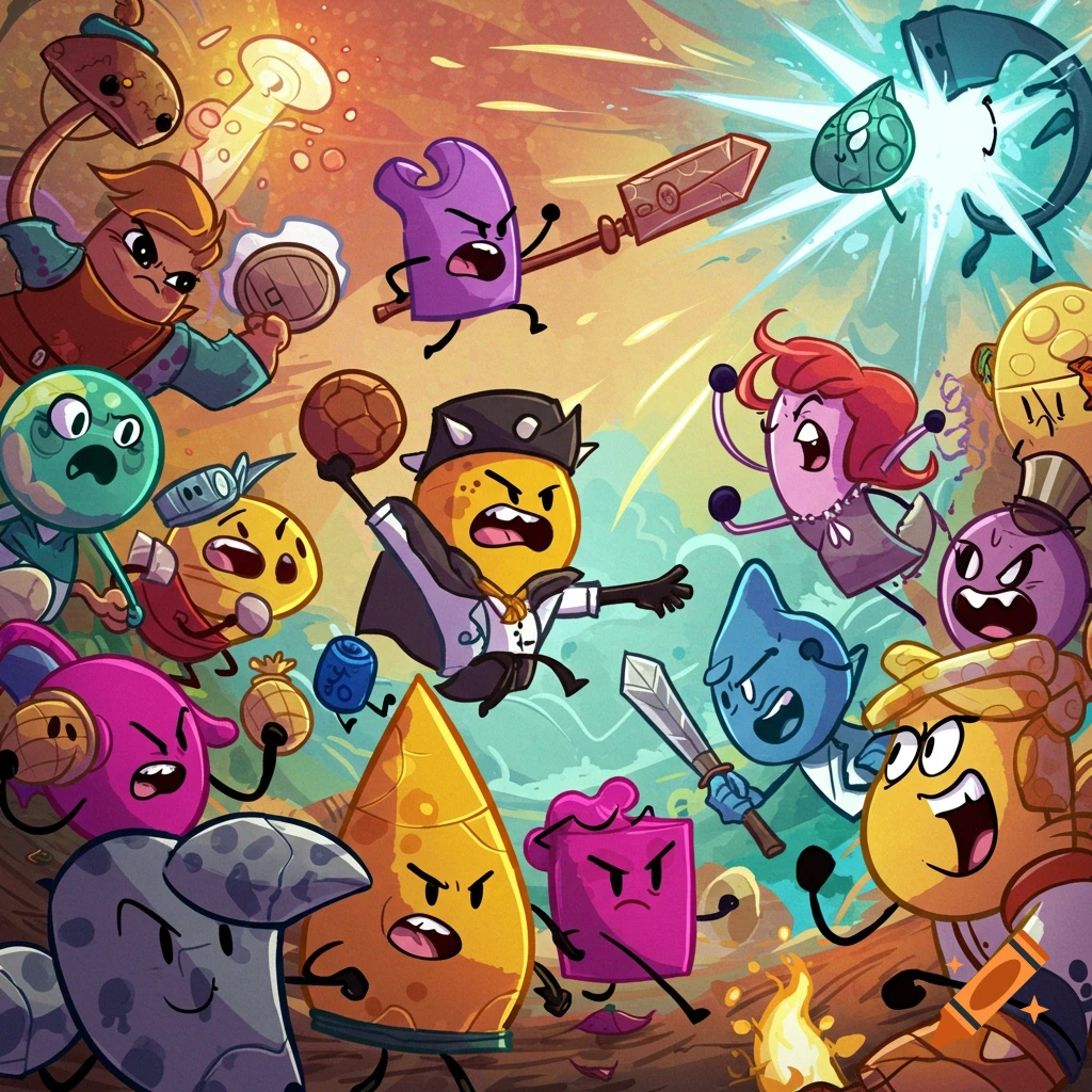 A chaotic cartoon illustration of many colorful, stylized characters ...