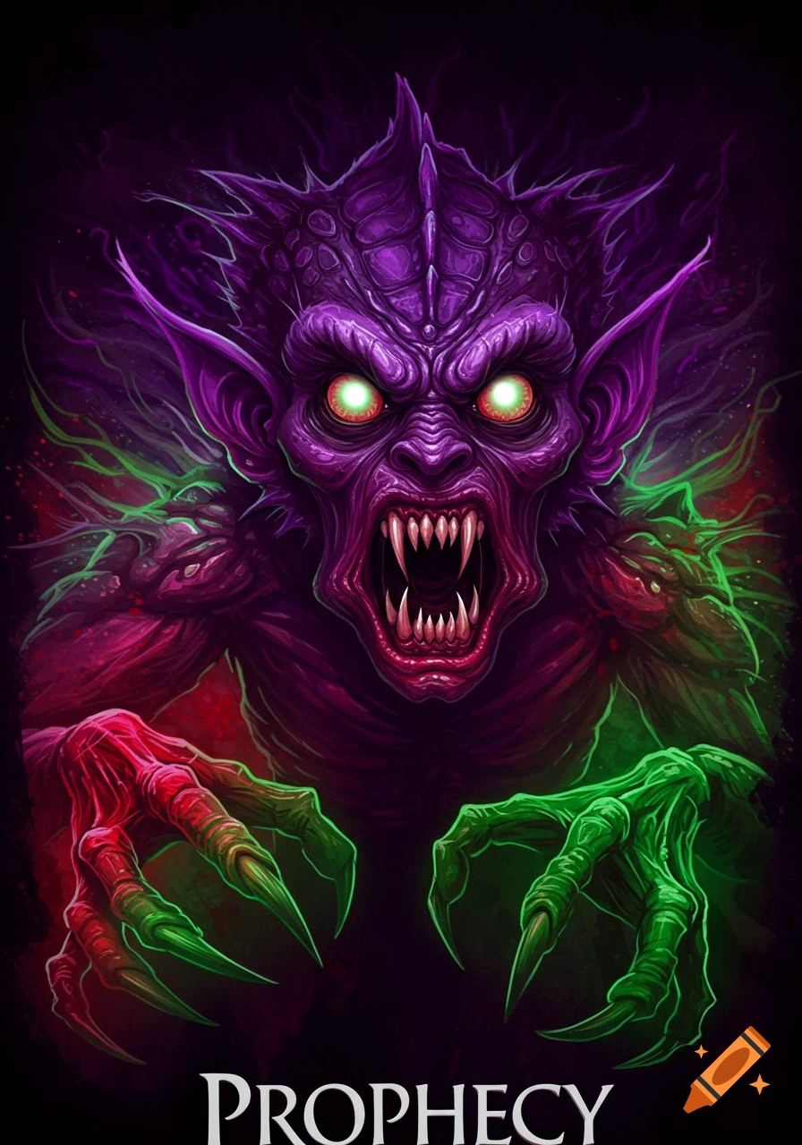 A spooky purple monster with glowing green eyes and sharp claws, with ...