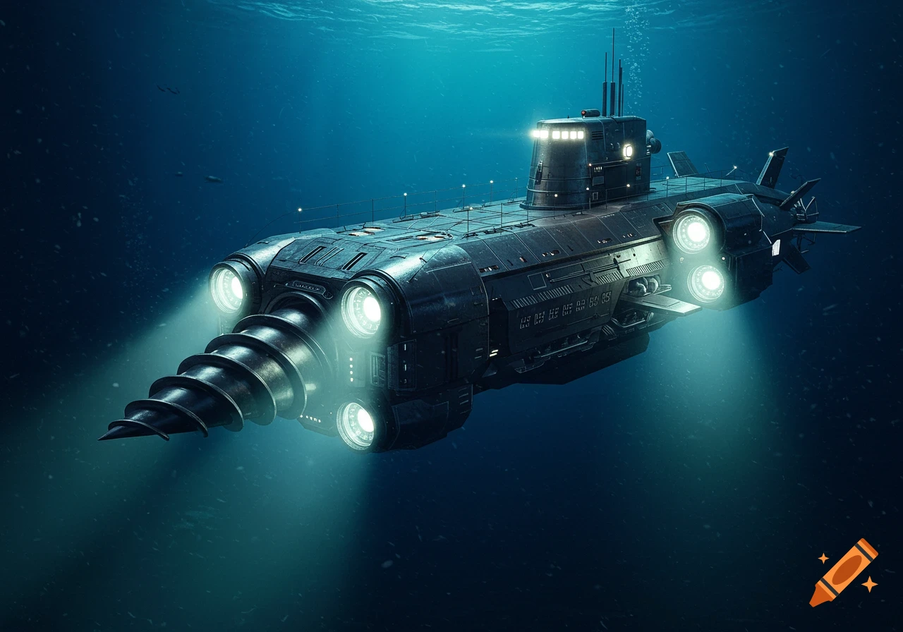 A detailed sci-fi submarine with a large drill attachment and bright ...