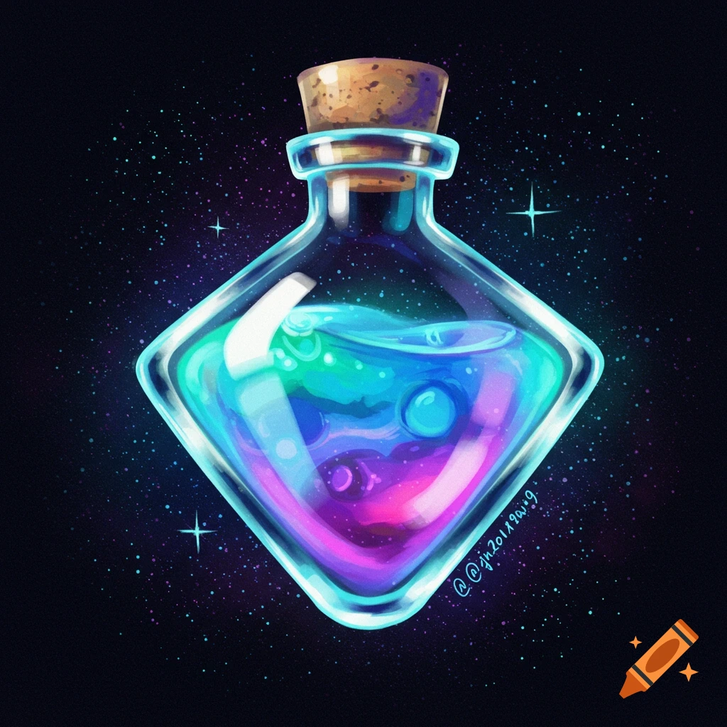 Diamond-shaped potion bottle filled with swirling galaxy colors against ...