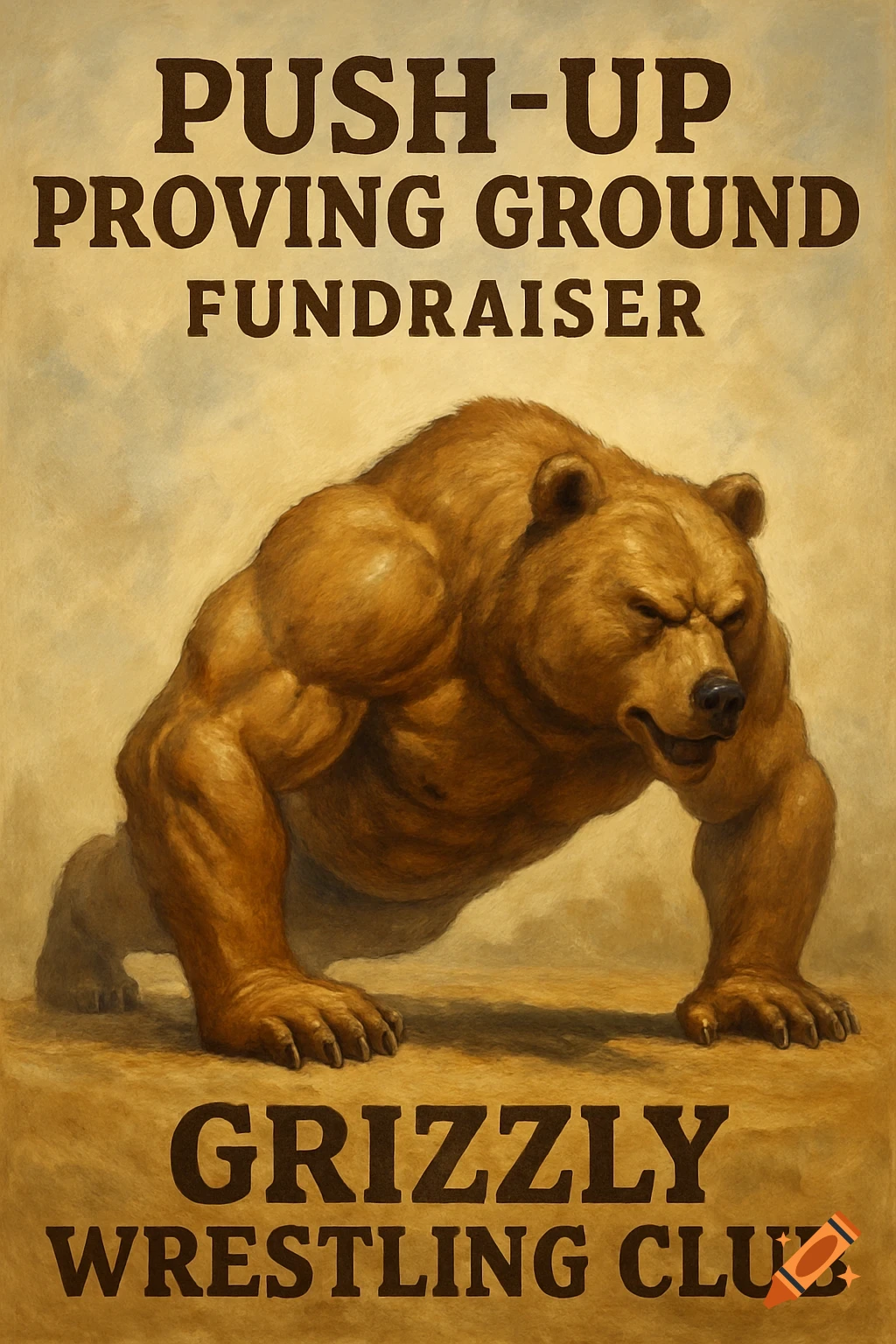Painted poster of a muscular grizzly bear doing a push-up for a ...