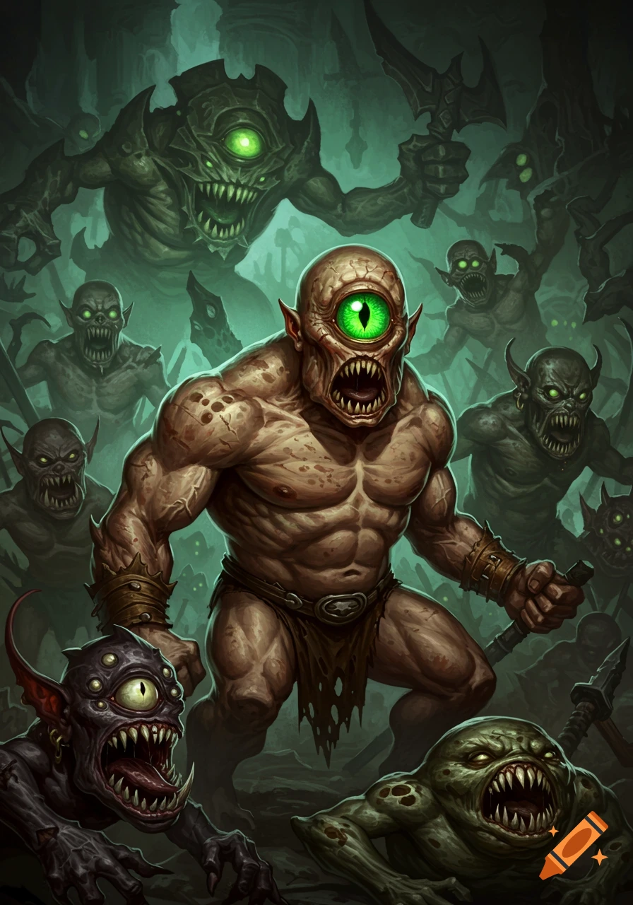 Dark fantasy illustration of a muscular cyclops leading many monstrous ...