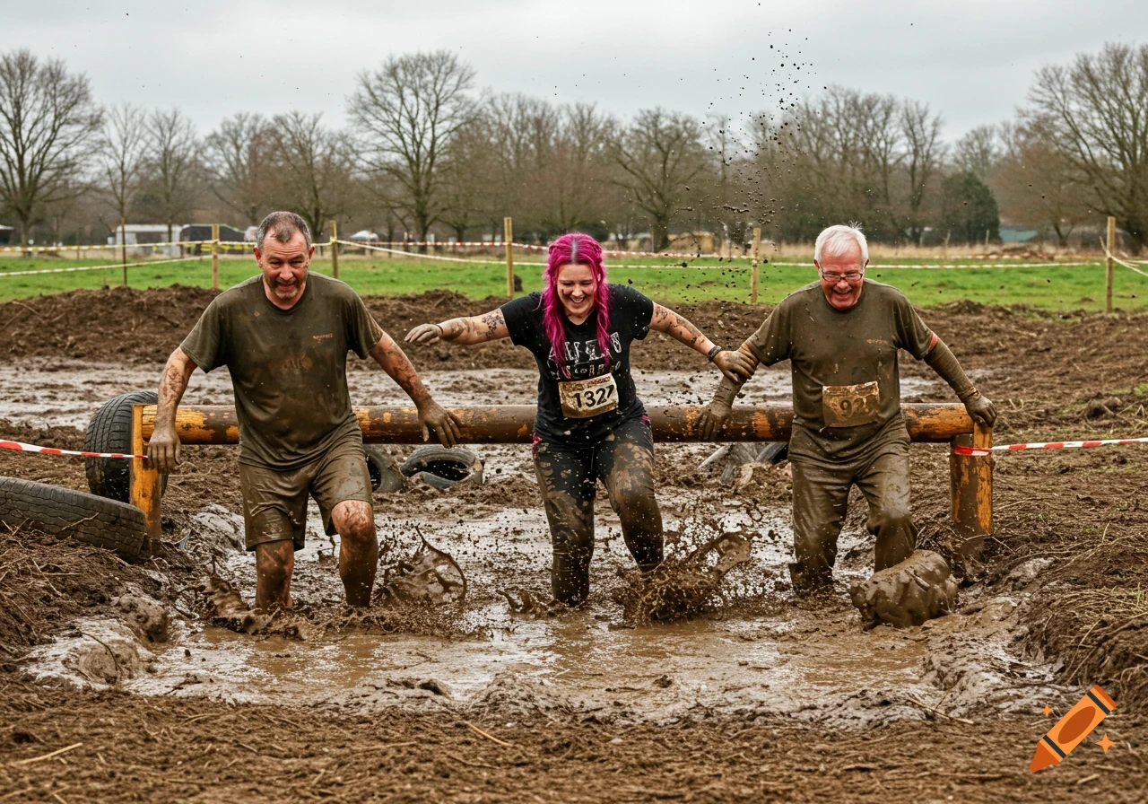 Three people covered in mud struggle through a deep mud pit in an outdoor obstacle race. on Craiyon