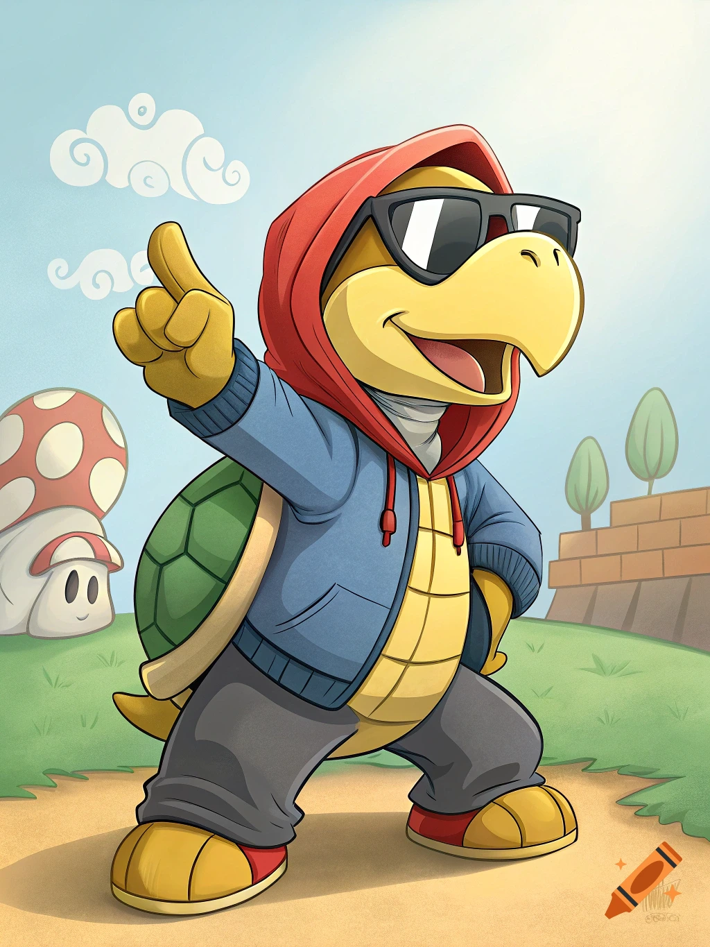 Cartoon Koopa Troopa in a red hoodie and sunglasses points forward in a ...