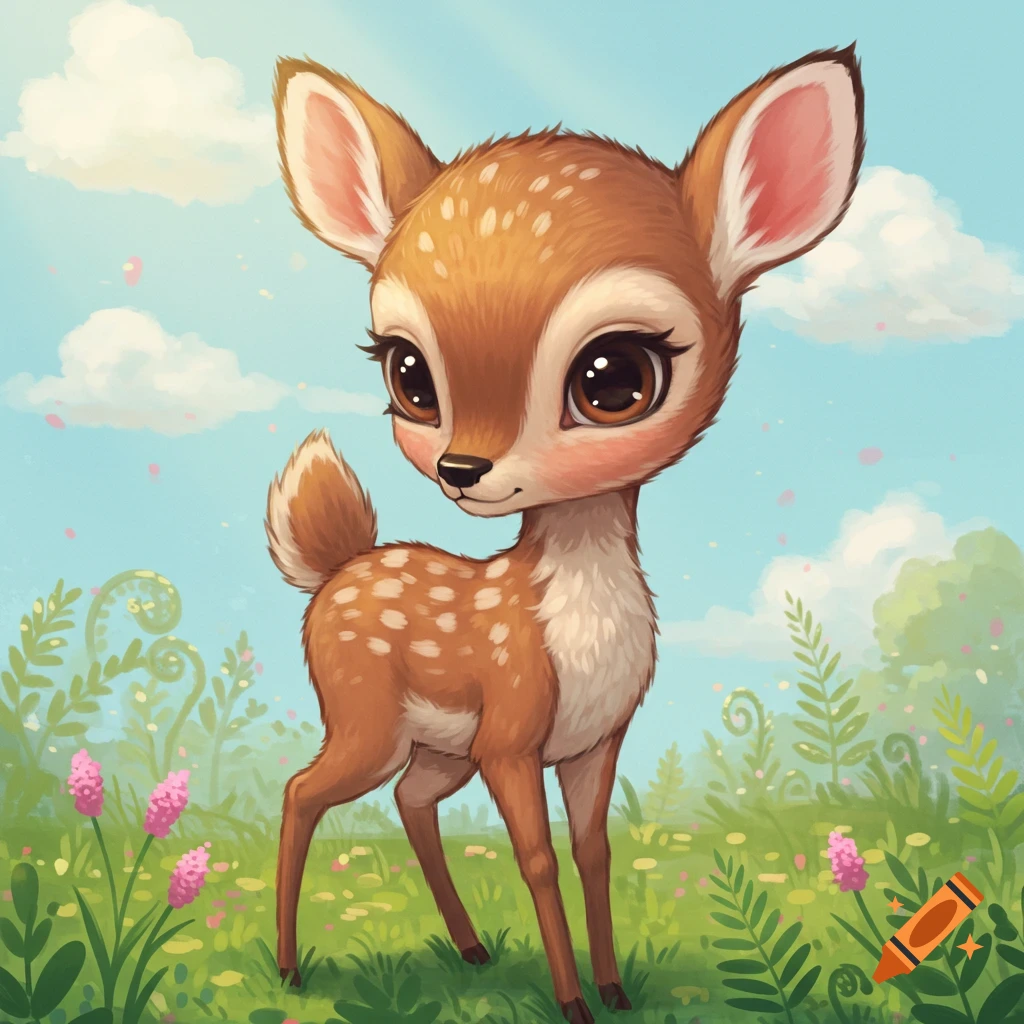 Cute cartoon fawn standing in a meadow with pink flowers under a blue ...