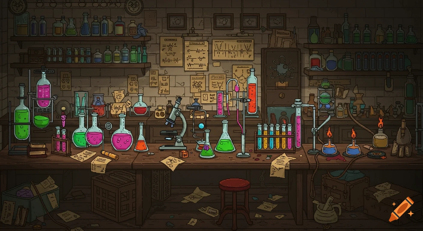 Pixel art image of a messy laboratory with colorful beakers, test tubes ...