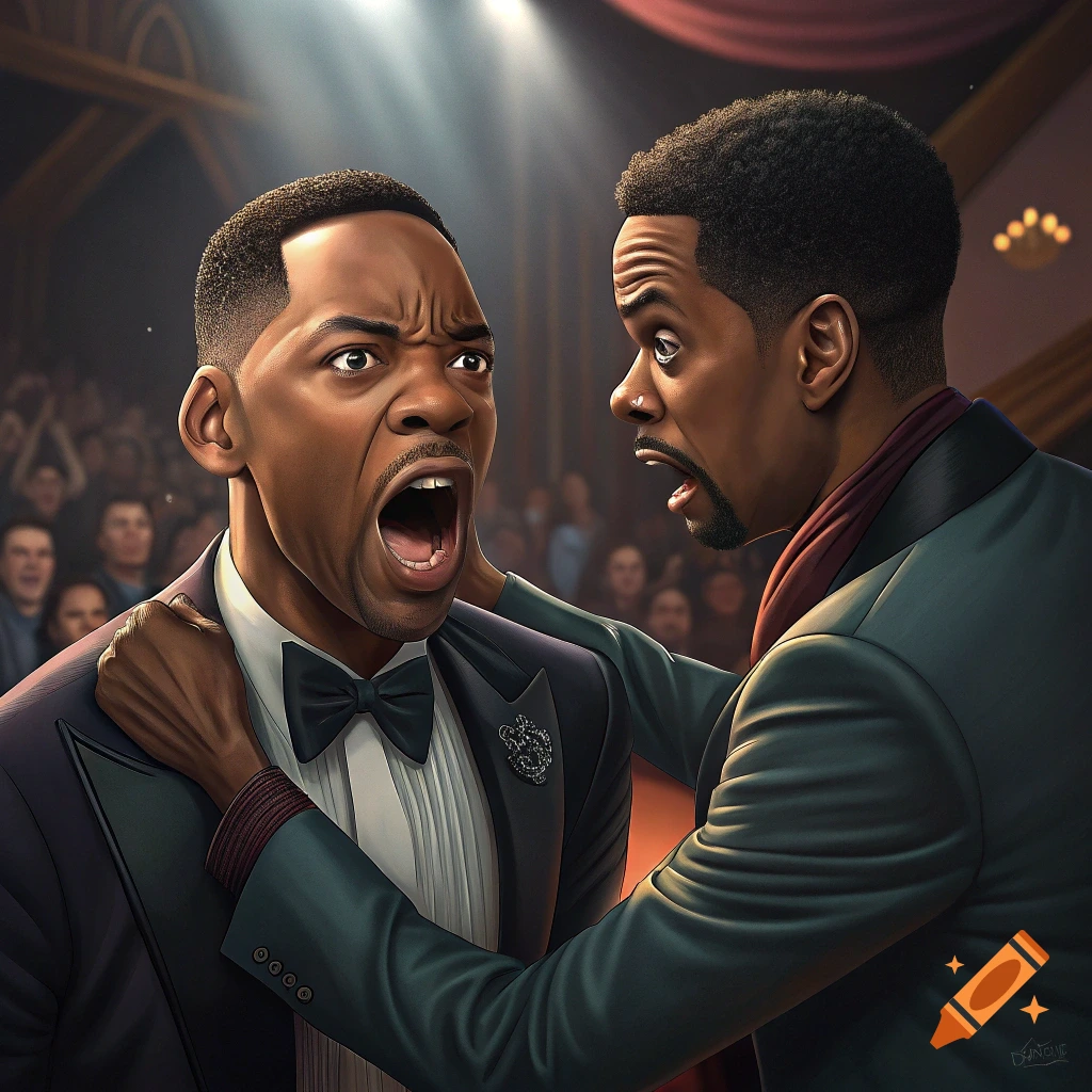 Two men confront each other on a stage in front of an audience ...