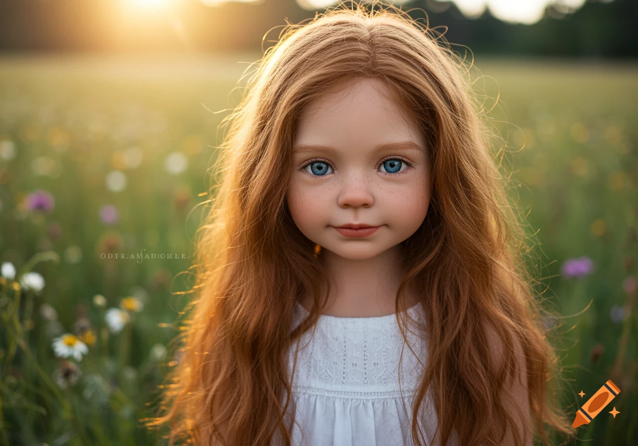 A close-up portrait of a young girl with red hair and blue eyes ...