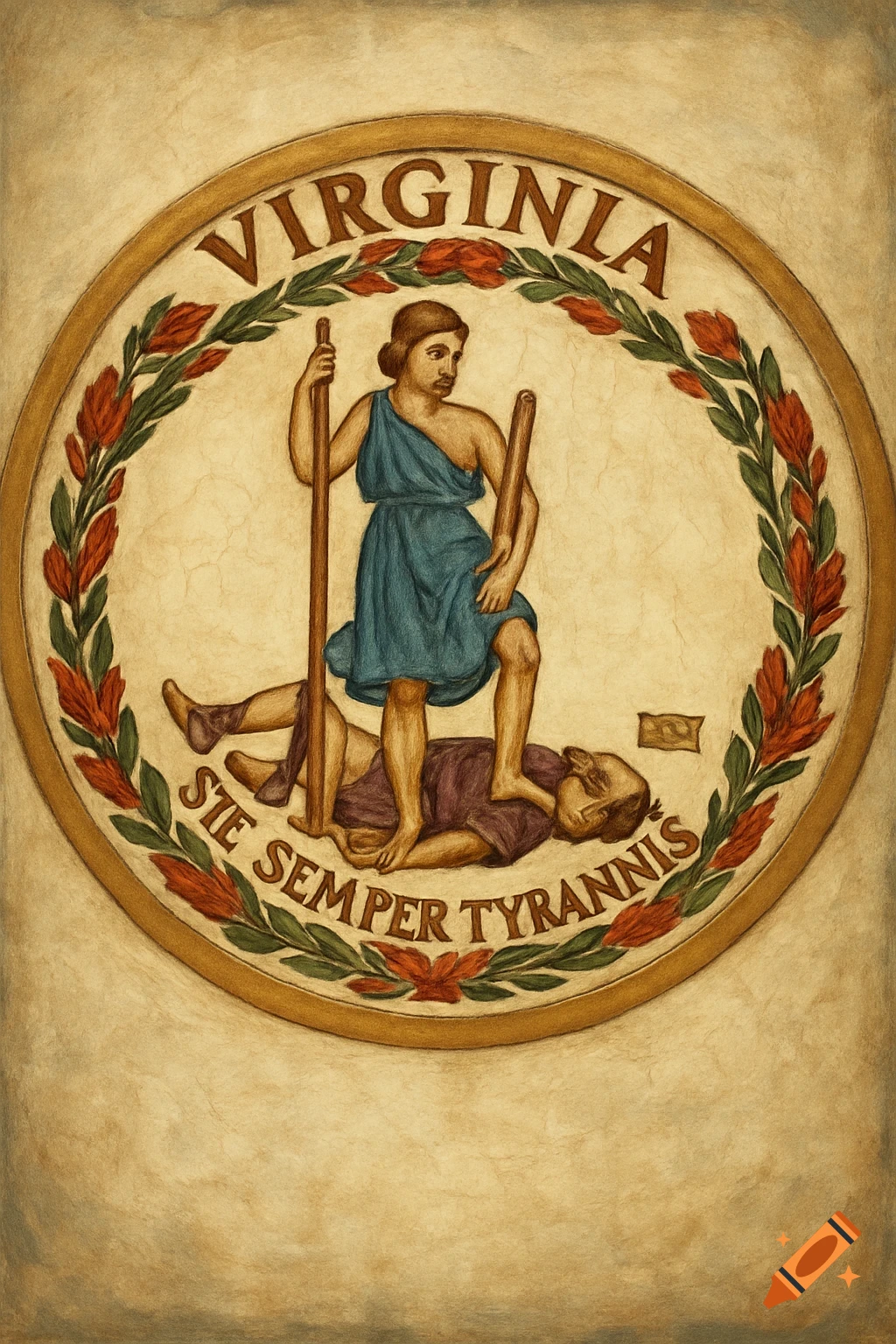 Illustration of the Virginia state seal with text 'Virginia' and 'Sic Semper Tyrannis'. on Craiyon