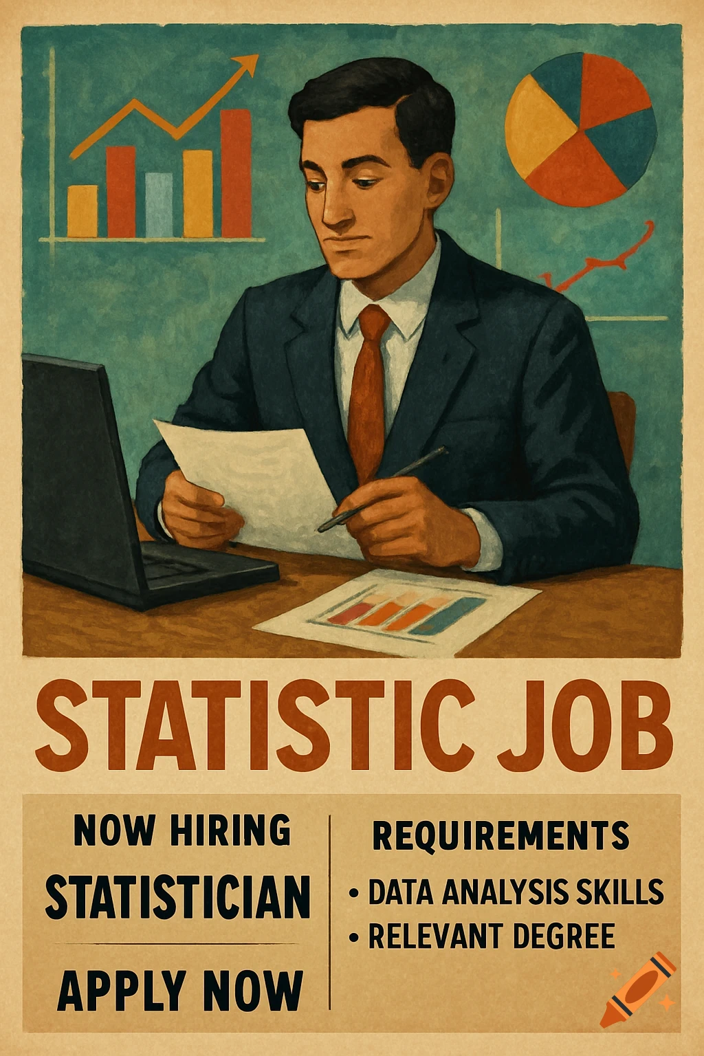 A stylized poster for a statistic job, featuring a man at a desk with ...