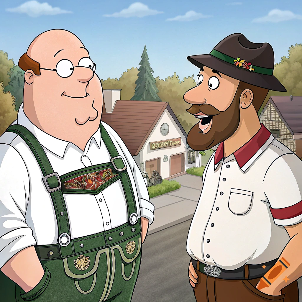 Two cartoon men in traditional German outfits stand in a suburban ...