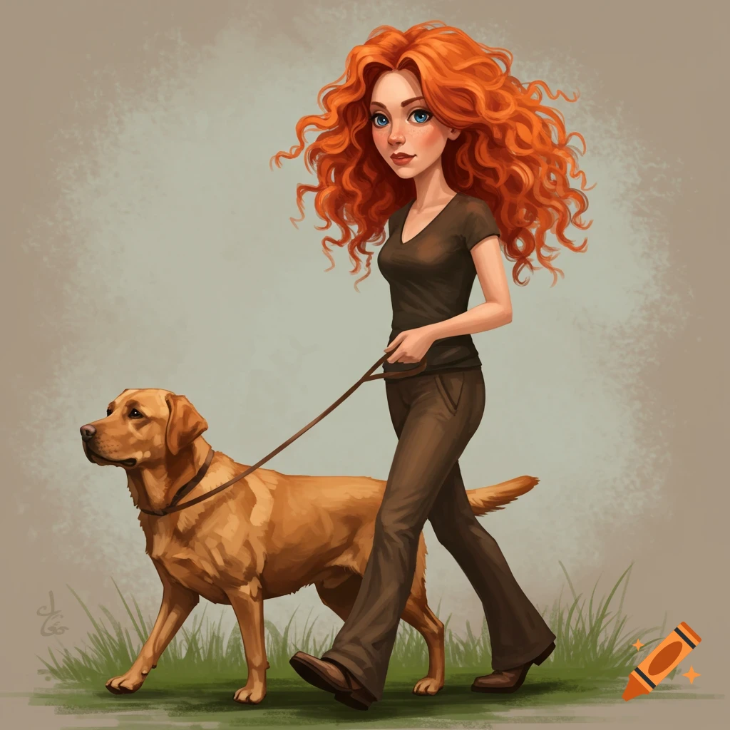 Illustration of a red-haired woman walking a yellow Labrador retriever ...