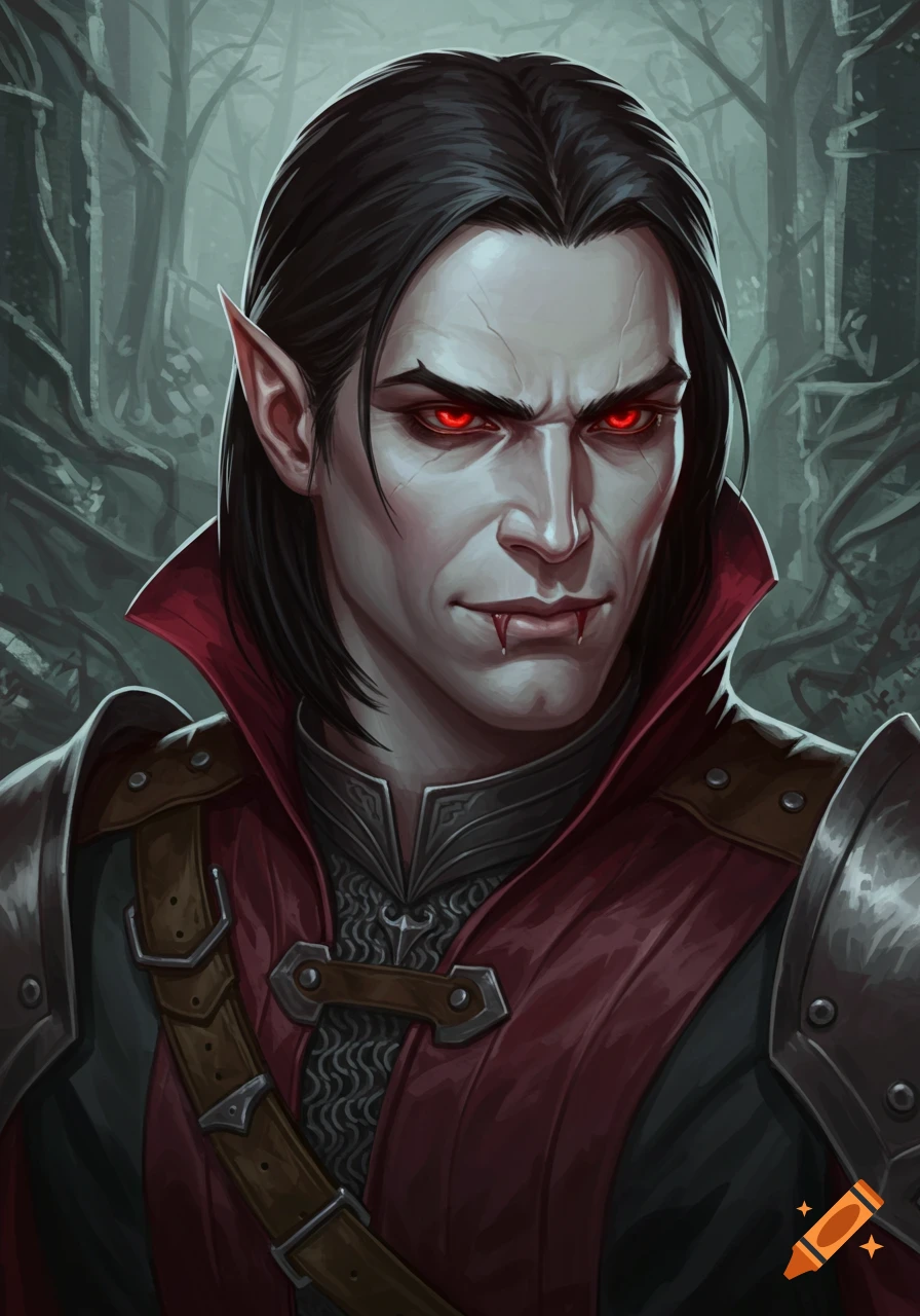 Portrait of a pale man with red eyes, fangs, and pointed ears, wearing ...