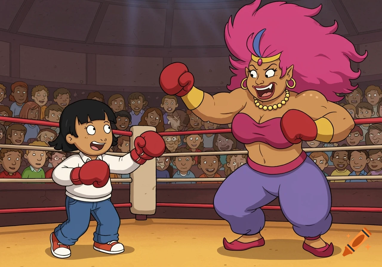 Cartoon child boxing a powerful female genie in an arena with ...