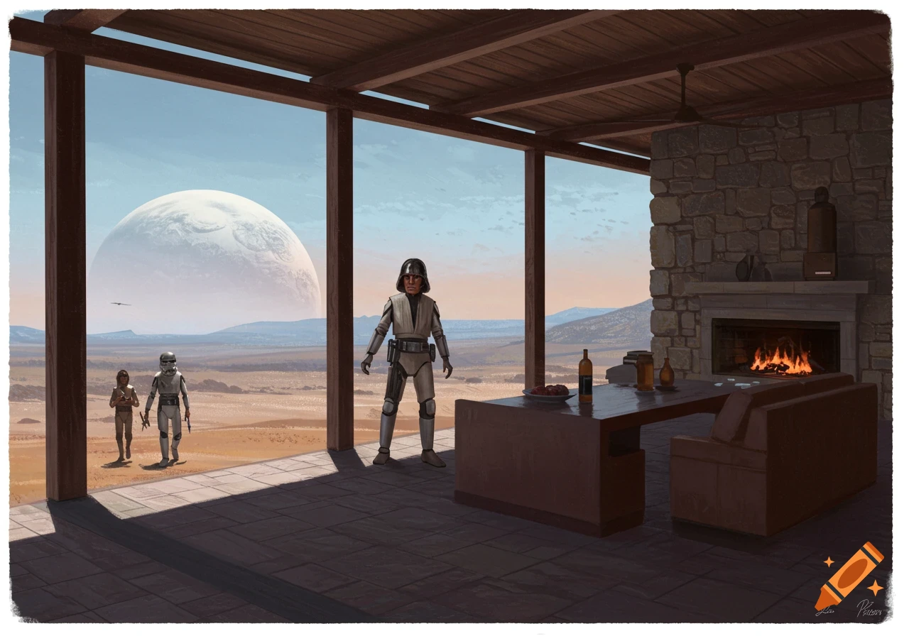 Sci-fi characters in a modern building overlooking a desert landscape ...