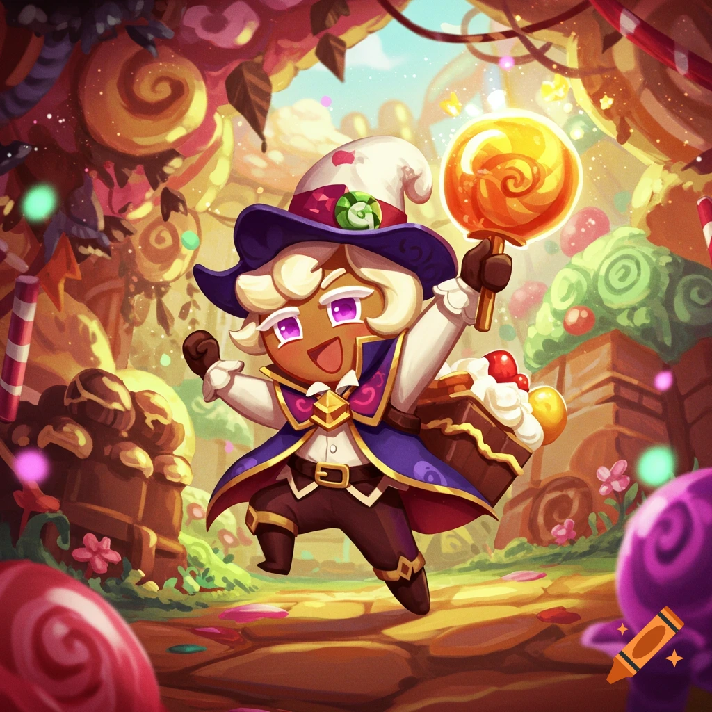 A cheerful cookie wizard character holds a lollipop in a vibrant candy ...