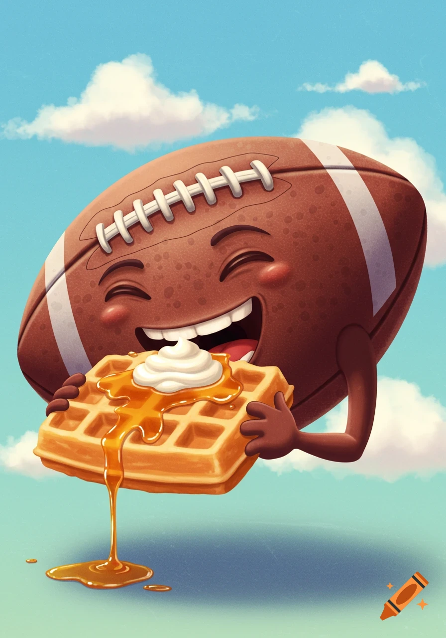 Cartoon football character eating a waffle with syrup and whipped cream ...