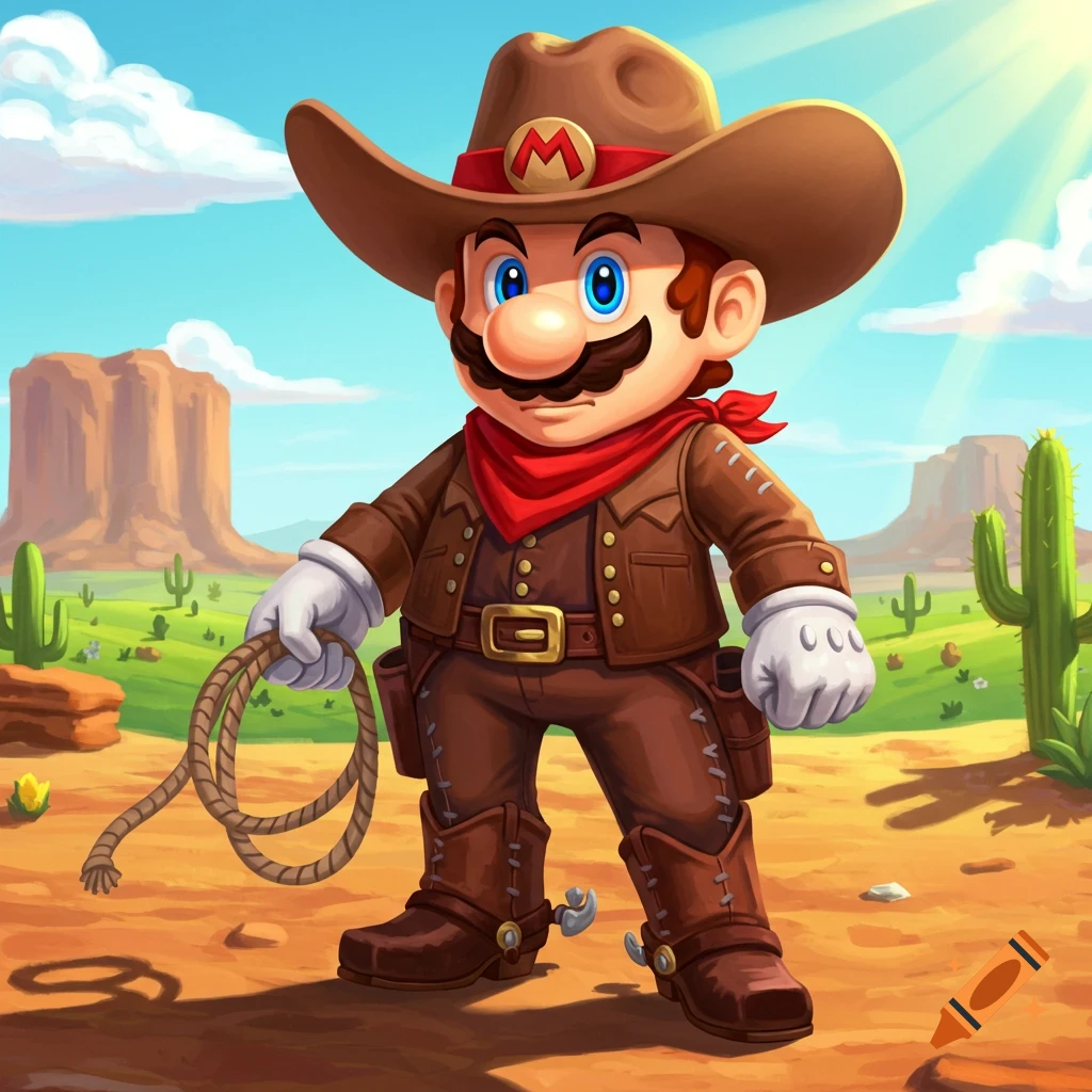 Cartoon illustration of Mario dressed as a cowboy in a western ...