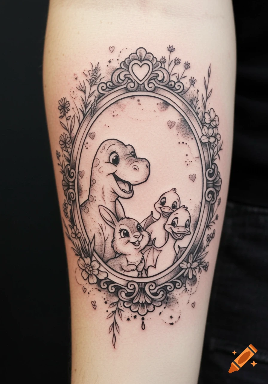 Black and white tattoo on an arm, featuring a decorative oval frame ...