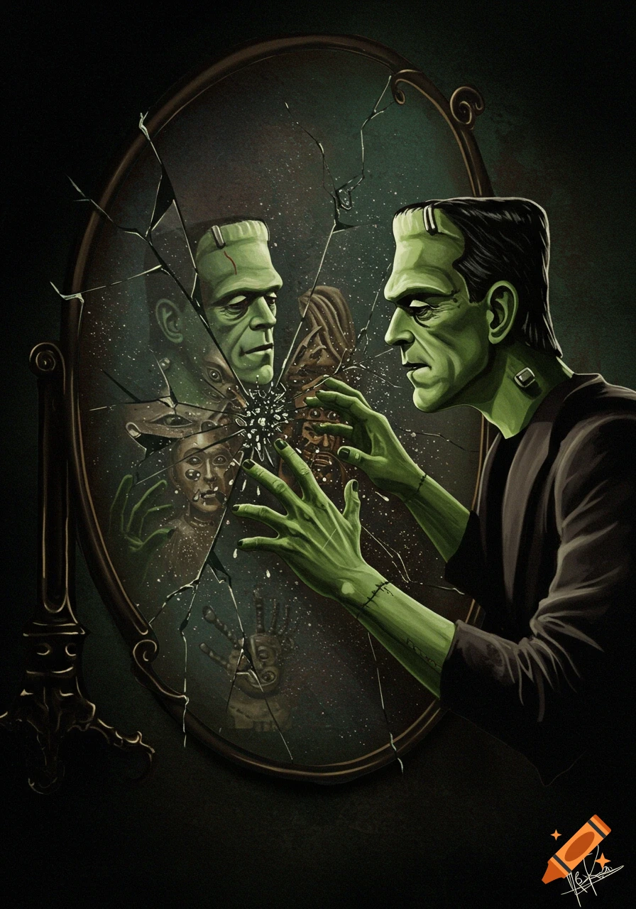 Frankenstein's monster looks into a broken mirror, seeing distorted ...