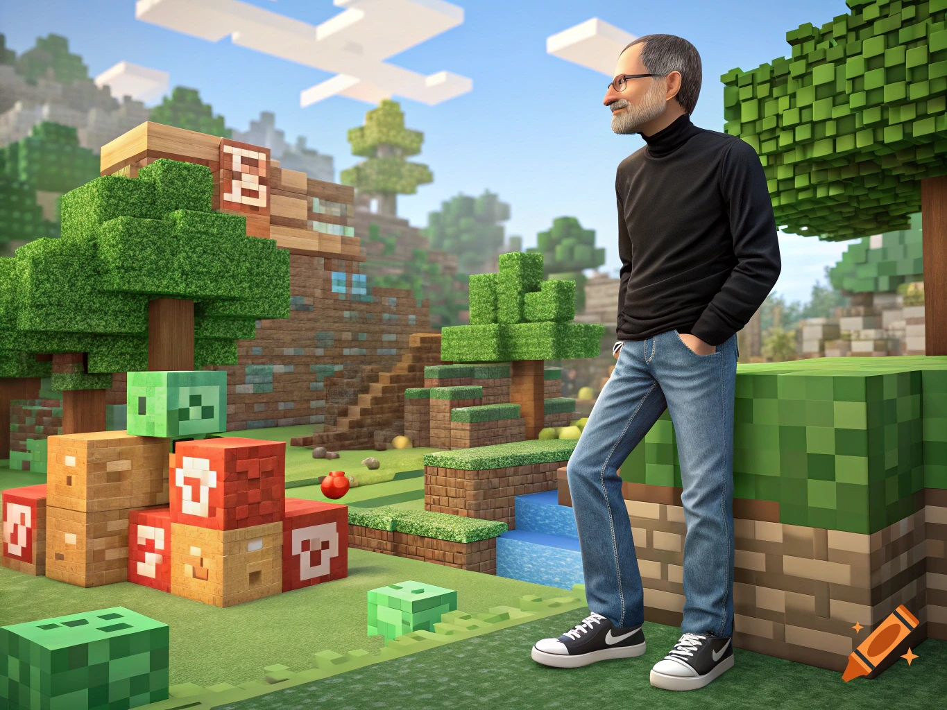 Person resembling Steve Jobs in a Minecraft world with blocks and ...
